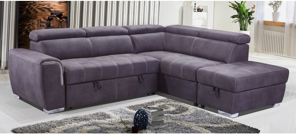 Adria RHF Corner Sofa Bed In Grey Fabric With Ottoman Storage And Contrasting Stitching And Adjustable Headrests Online Sofa Wholesale