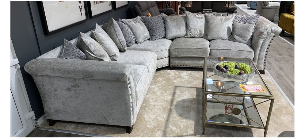 Vesper Holly Grey 2C2 Fabric Corner Sofa With Round Studded Arm Detail Scatter Back And Wooden Legs