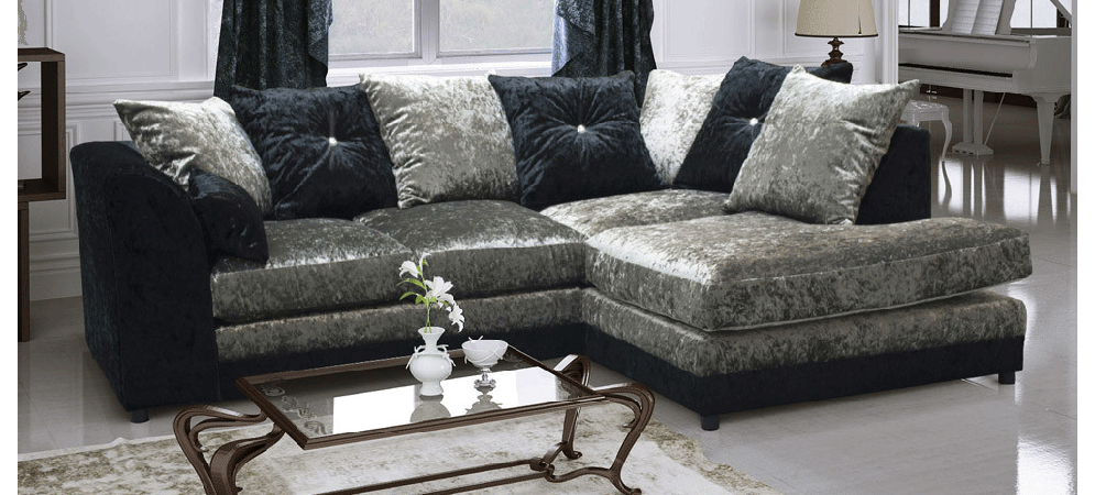 Halo Corner RHF Crushed Velvet Black And Silver Scatter Back Online Sofa Wholesale